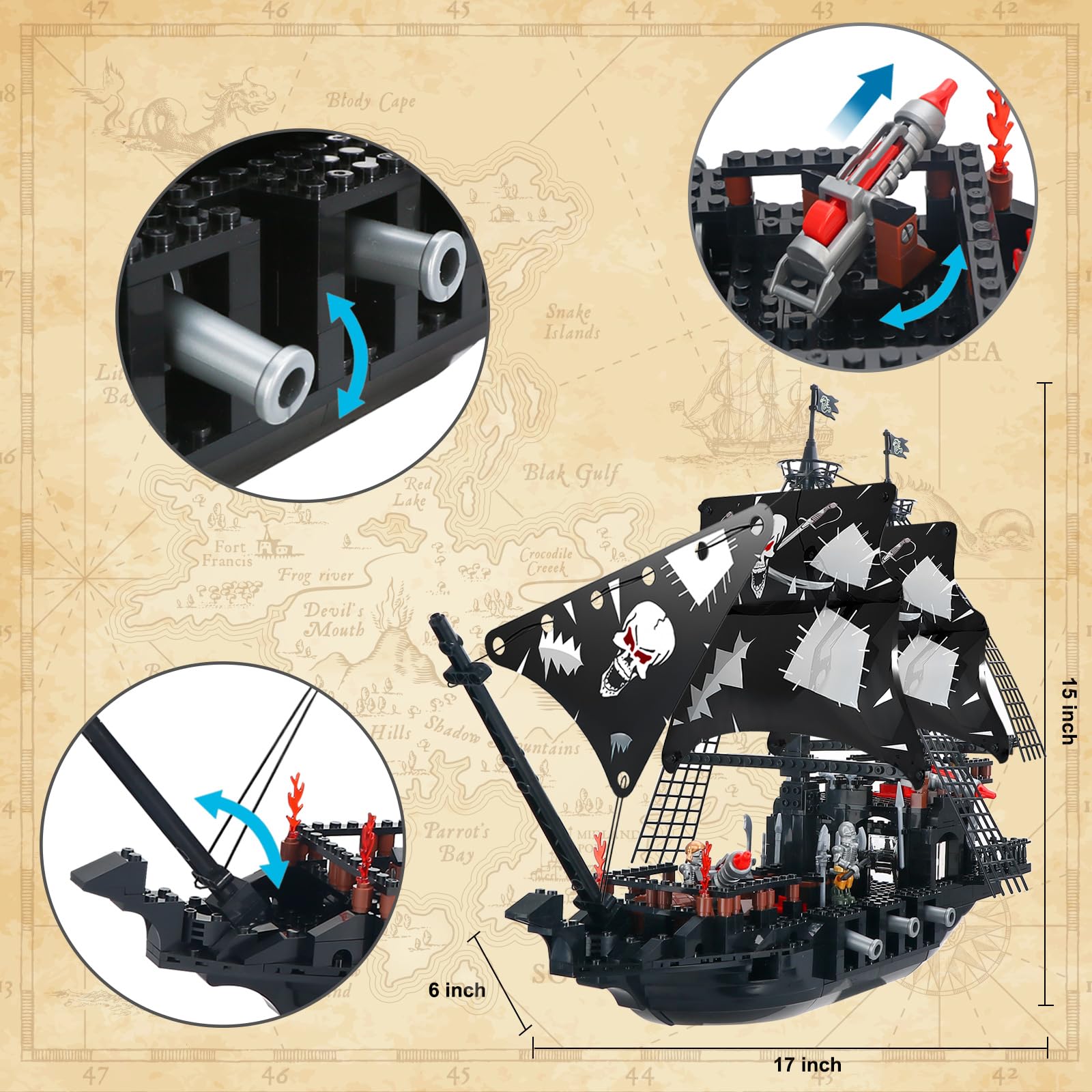 BRICK STORY 809-Piece Black Pirate Ship Building Set with Mini Figures for Kids Age 8+