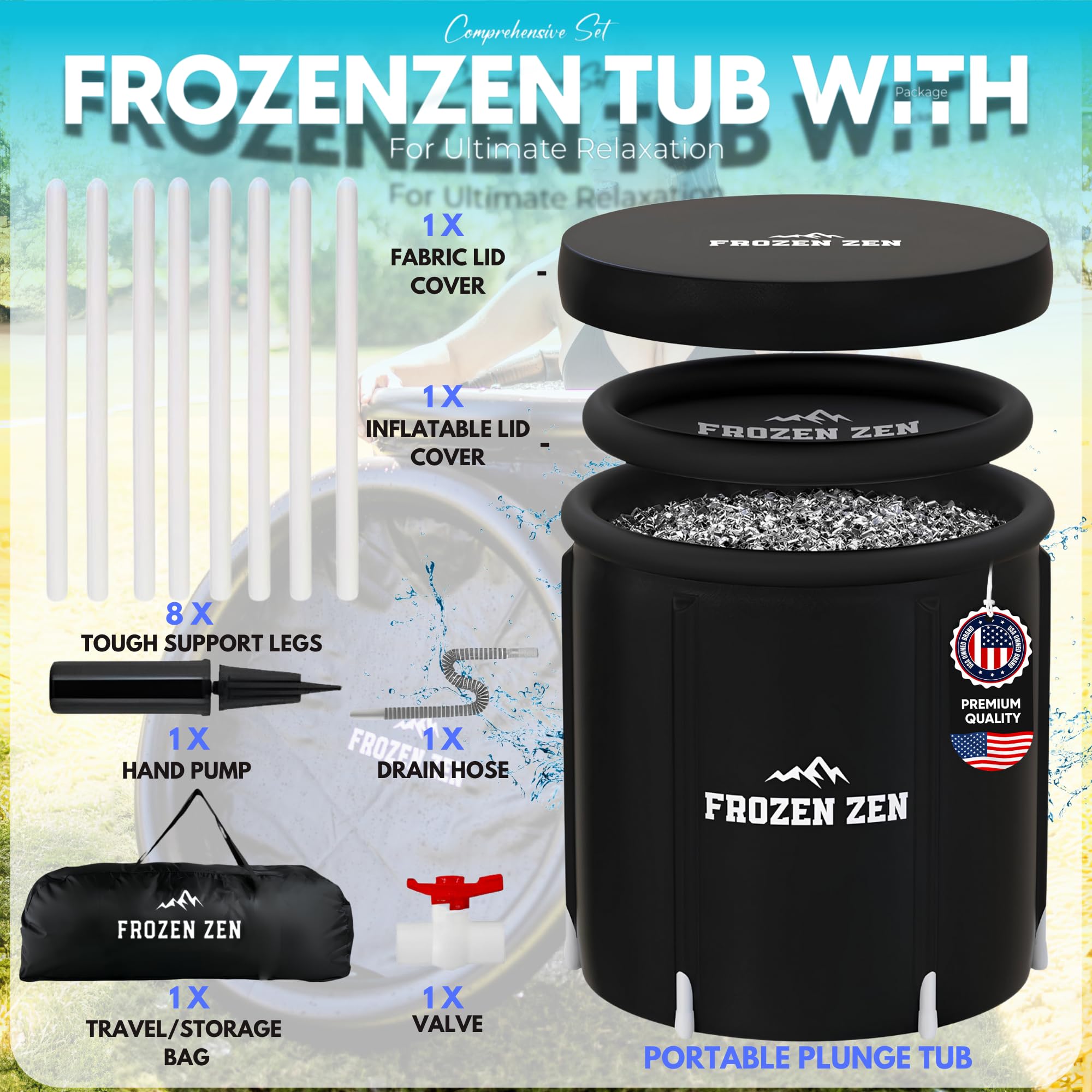Frozen Zen Ice Bath Tub For Athletes with Lid, Portable Ice Bath, Outdoor Cold Plunge Tub, Large Inflatable Ice Bath, Cold Water Therapy Training (1, Solid Black)