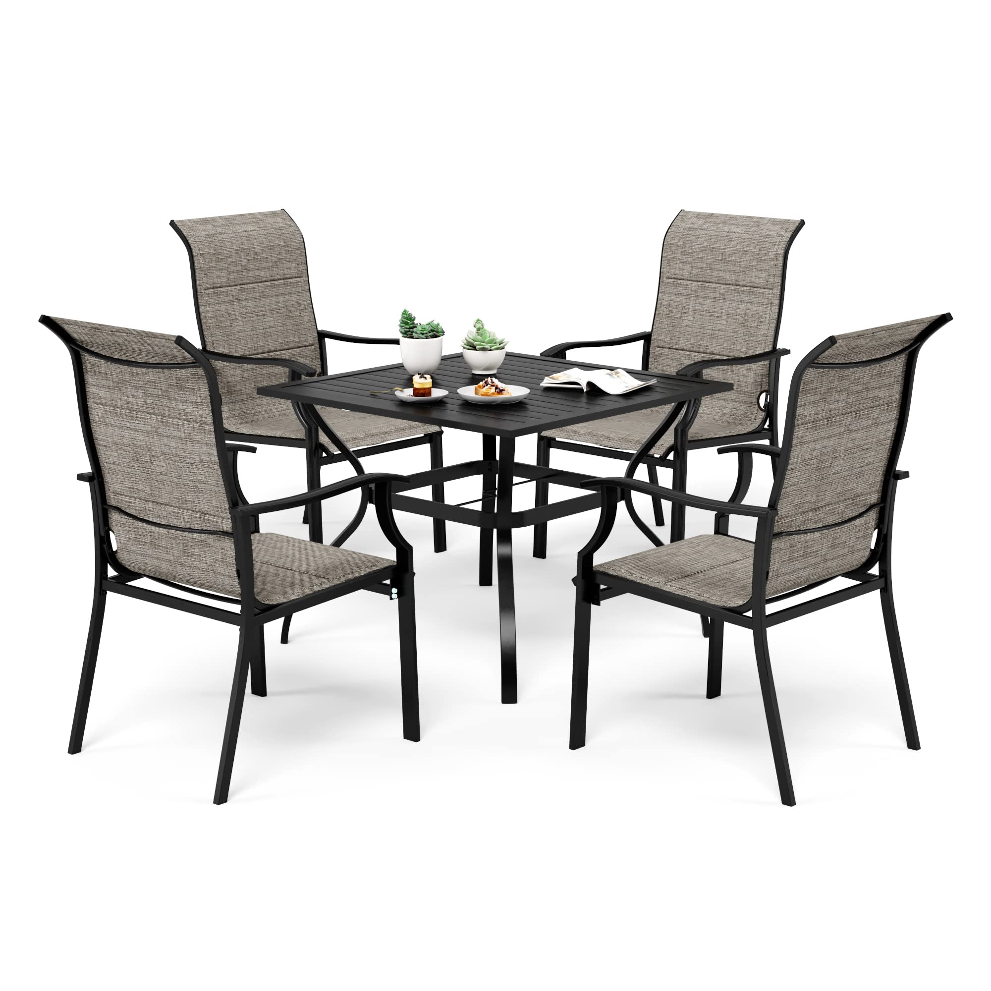 MIXPATIO 5 Pieces Patio Dining Set, 4 People Outdoor Furniture Set, 37" Square Metal Table with 1.57" Umbrella Hole, 4 Padded Textilene Standard Chairs,for Deck Garden Backyard Lawn Poolside