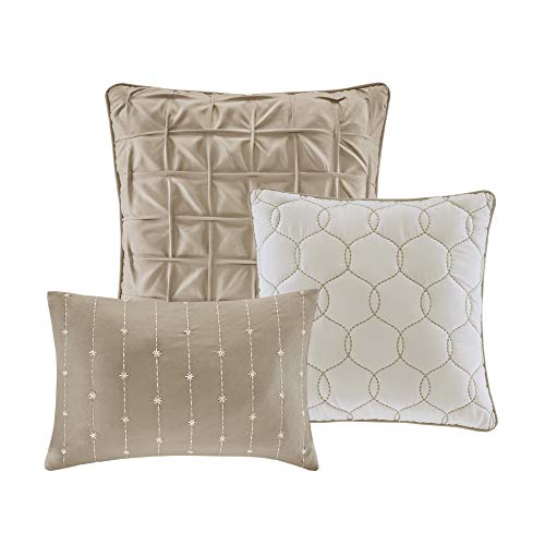 Madison Park Walter Comforter-Luxe Seersucker Print Design All Season Down Alternative Bedding, Matching Shams, Bedskirt, Decorative Pillows, Queen (90 in x 90 in), Taupe