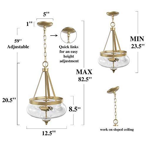 KSANA Gold Chandelier, Modern Glass Pendant Lighting Fixture for Dining Room, Entryway, Living Room, Kitchen, Bedroom (3 Lights, Fishbowl Shaped)