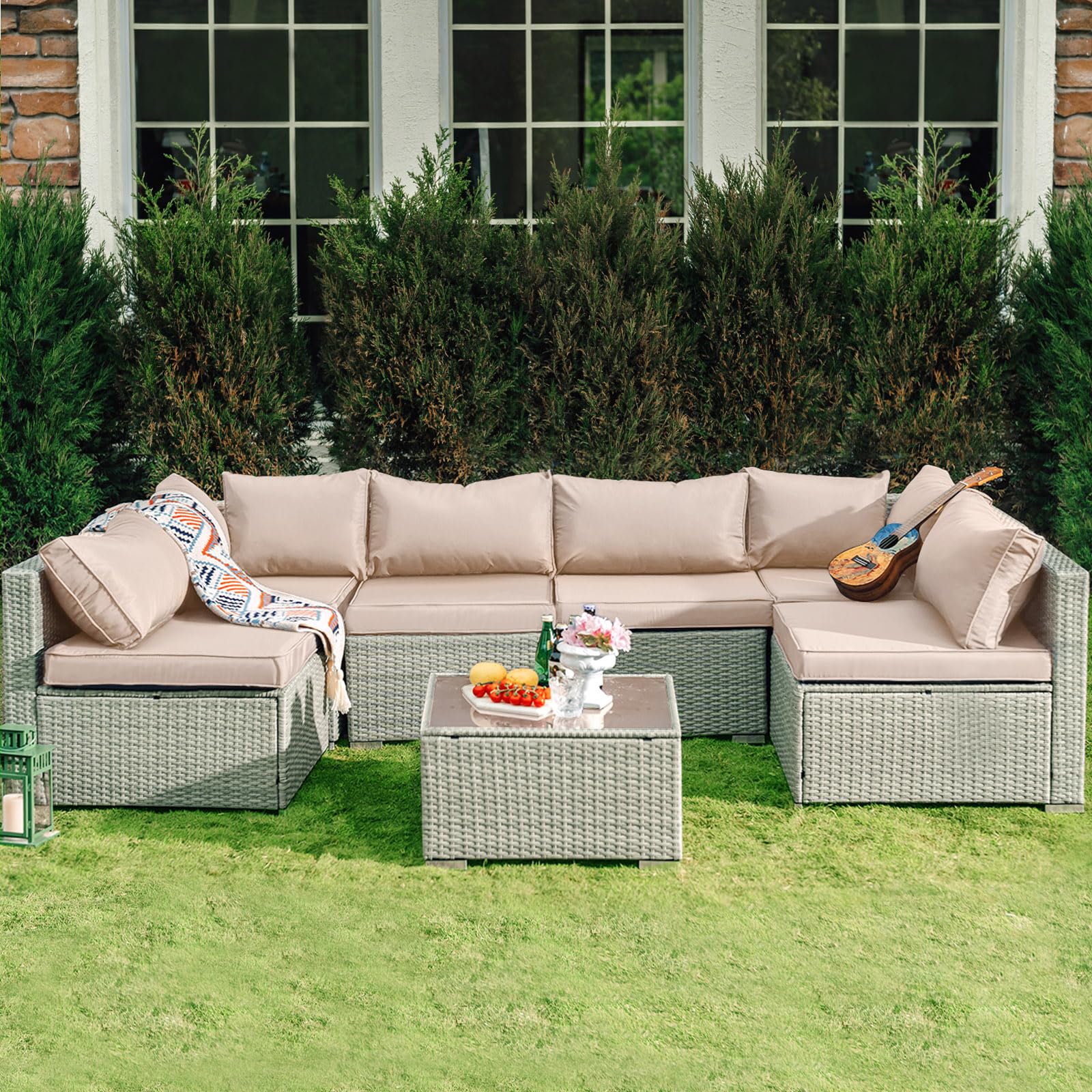 Skyfish 7 Pieces Patio Furniture Set - Outdoor Sectional Wicker Rattan Furniture with Cushion and Glass Table Patio Conversation Sets for Porch Poolside Backyard Outdoor Sofa Set Modular Sofa