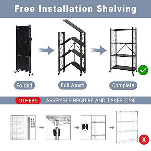 MYDENIMSKY 4 Tier Storage Shelf, Heavy Duty Foldable Shelving Units with Wheels, Metal Storage Rack, Wire Shelving Units No Assemble Required, Moving Easily Great for Laundry Garage Kitchen, Black