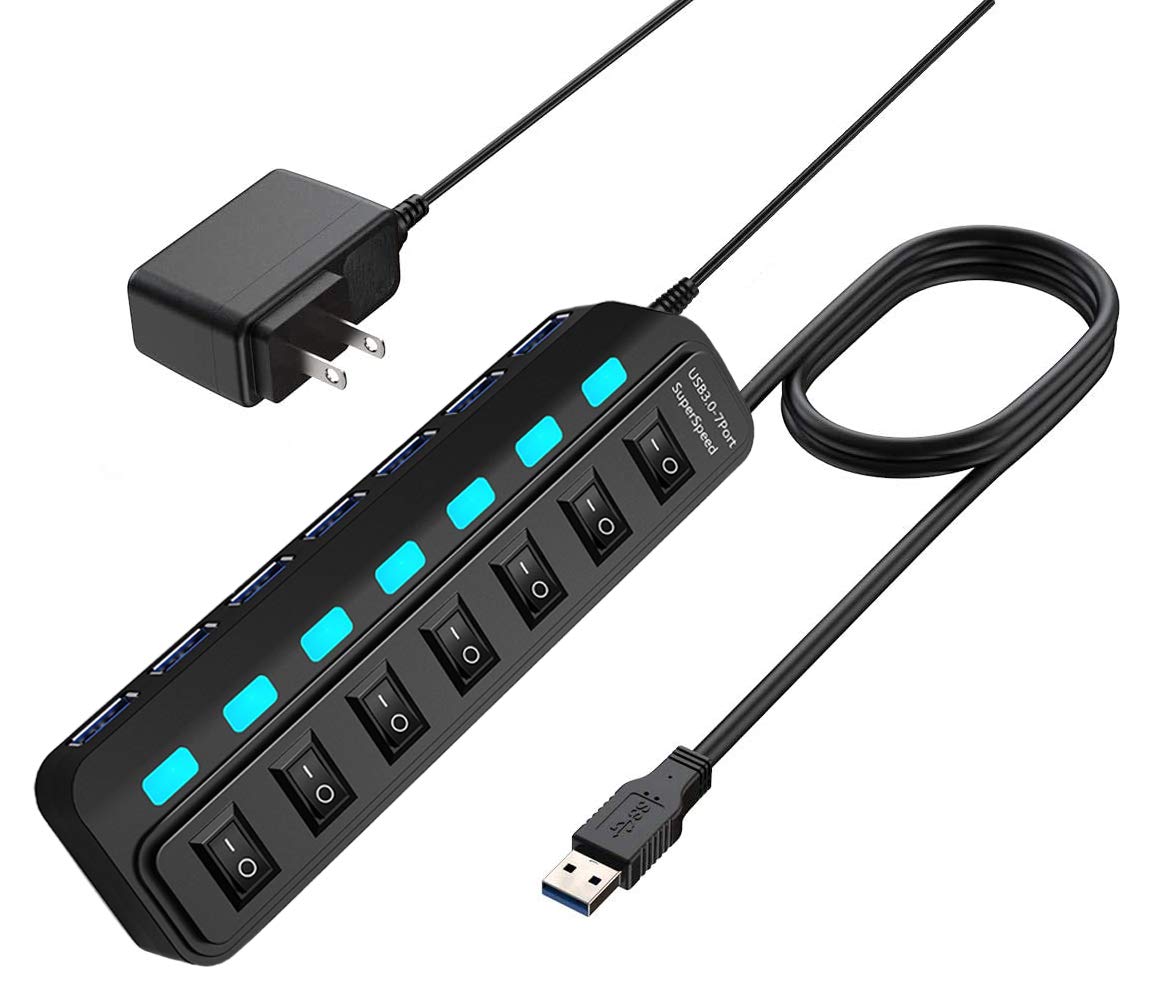 USB Hub 3.0 Powered, Zouhi USB hub 7 Port 3.0 Data Hub Splitter with 5V/2A Power Adapter and with Individual On/Off Switches/Power LED / 3.3ft/1m Long Cable for Mac Pro, MacBook Pro and More
