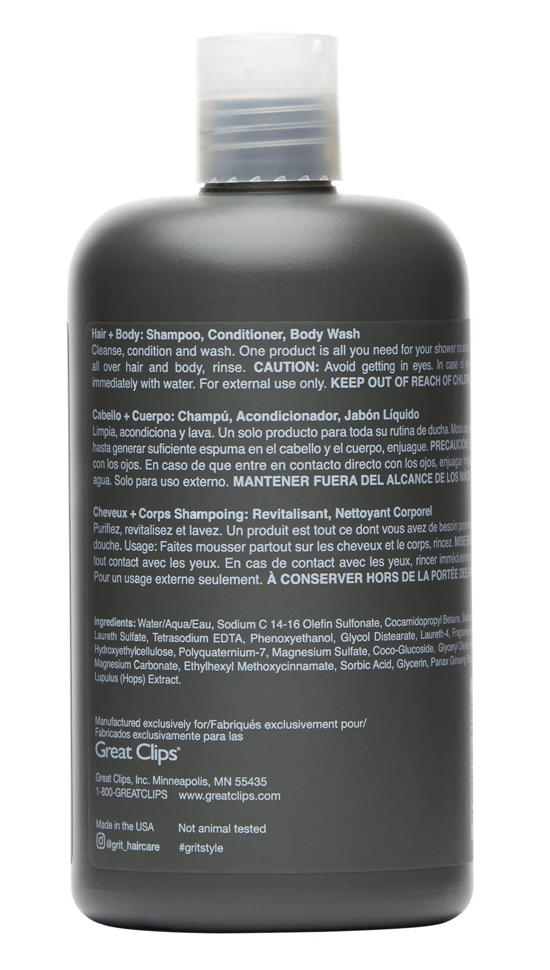 GREAT CLIPS GRIT Hair & Body, 16.9oz | 3-in-1 Shampoo, Conditioner & Body Wash for Men | Washes & Moisturizes Hair & Skin