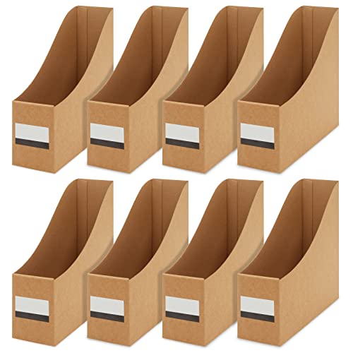 Juvale 8 Pack Kraft Paper Material Cardboard Magazine Holder with Labels for Bookshelf, Desktop File Organizer for Documents (3.5 x 10.2 x 10.6 In)