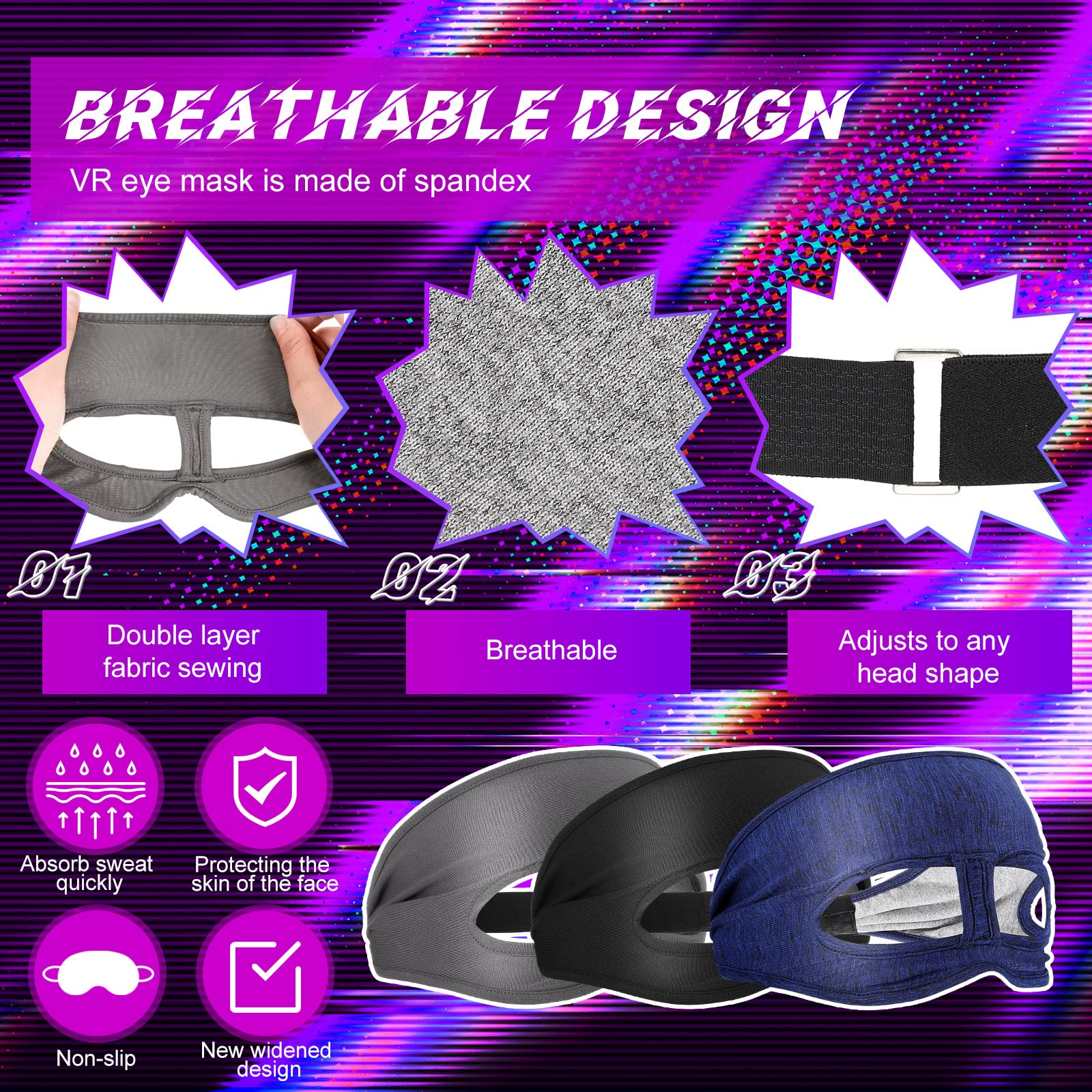 3 Pcs VR Masks VR Sweat Band Face Mask Breathable VR Eye Mask Elastic Face Cover Mask for VR Virtual Reality Headsets VR Accessories for VR Workout Use