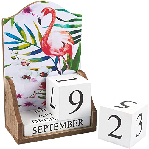Juvale Wooden Perpetual Desk Calendar Wood Blocks, Flamingo Design (5.5 x 8.75 x 3 inches)