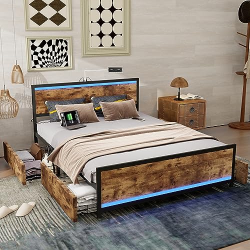 Ailisite Queen Size Bed Frame with Storage Drawers and 2 USB Ports, LED Queen Bed Frame with Headboard, Metal Platform Bed No Noise, Mattress Foundation Strong Metal Slats Support No Box Spring Needed