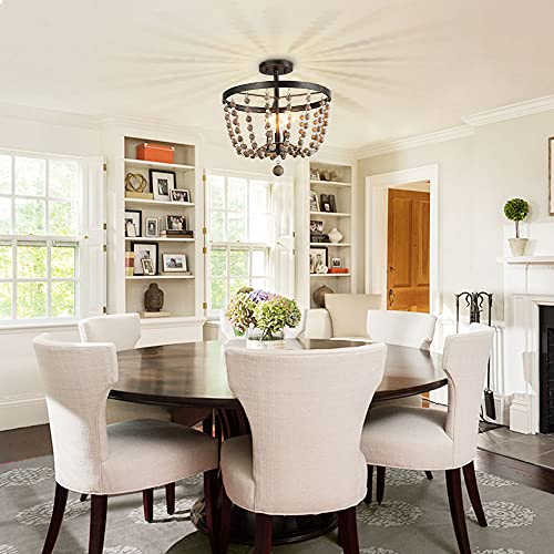 LALUZ Ceiling Light Fixture, 3-Light Boho Light Fixture, Farmhouse Wood Beaded Chandelier for Entryway, Foyer, Dark Silver Brushed, 16.1 β D x 17.3β H