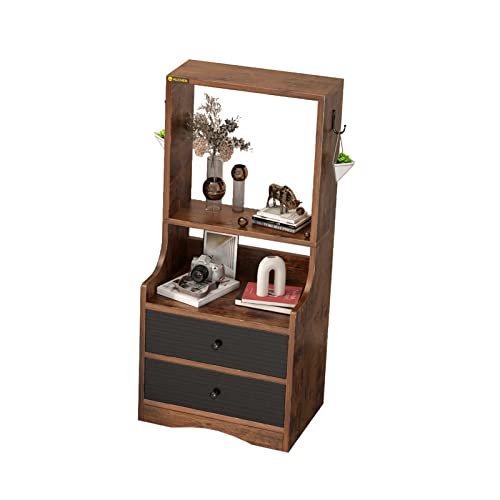 ALISENED 2 Tier Bookshelf, Tall Bookcase with 2 Storage Drawers, Display Standing Shelf Units, Wood Storage Shelf for Living Room, Bedroom, Home Office, Rustic Brown