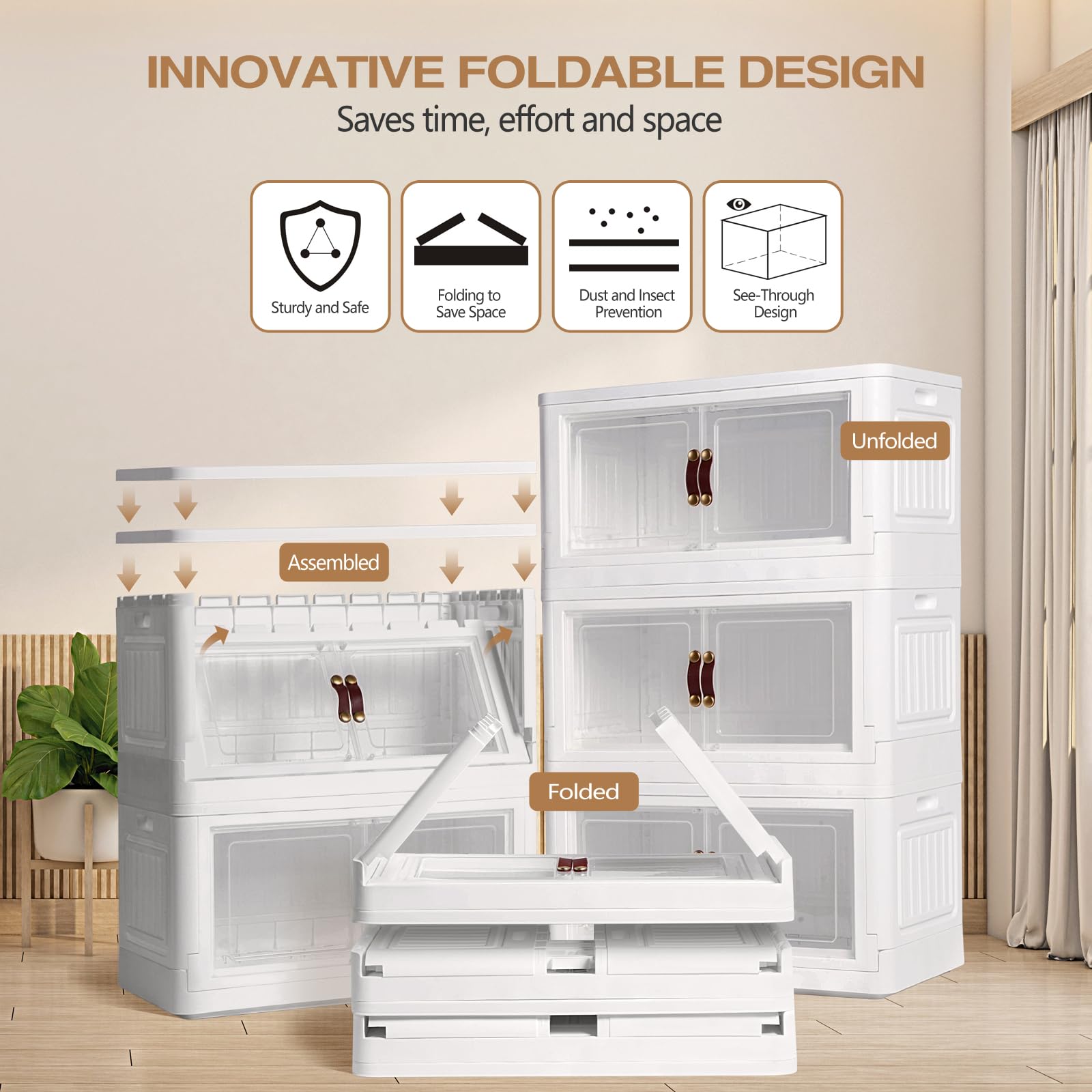 Storage Bins with Lids, Large Closet Organizers and Storage, 20 Gal Plastic Collapsible Storage Bins with Wheels, 4 Pack Double Door Clear White Stackable Storage Bins, Crate for Book