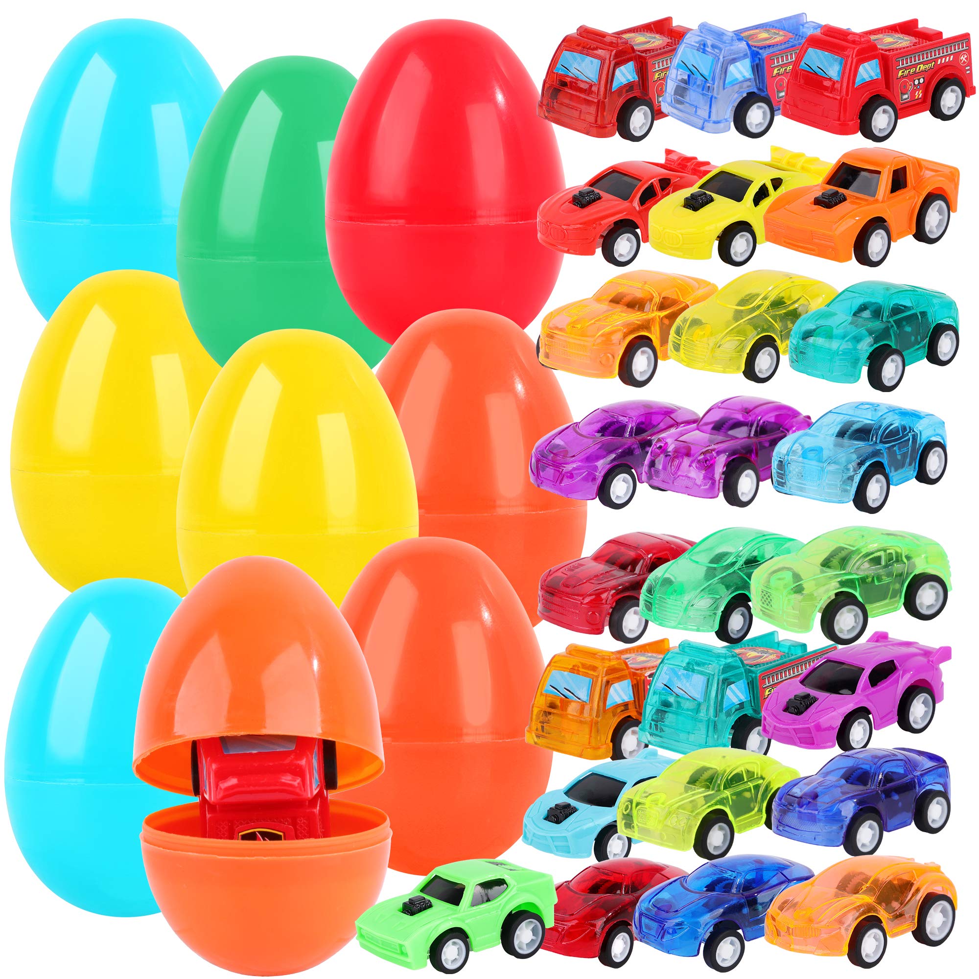 26 Packs Easter Eggs with 26 Assorted Pull Back Race Cars and Fire Engine Trucks for Kids Easter Egg Hunt Games or Easter Basket Stuffers