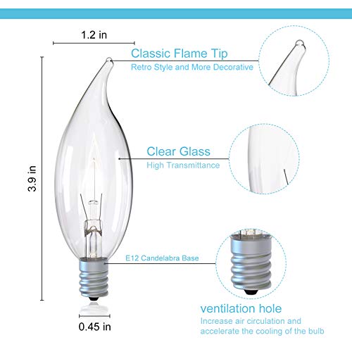40W Candelabra Light Bulbs Candelabra Flame Tip Clear C32 120V E12 Base Incandescent Light Bulbs for Chandeliers, Ceiling Fan Lights, Pendants, Wall Sconces Decorative (24 Packs)