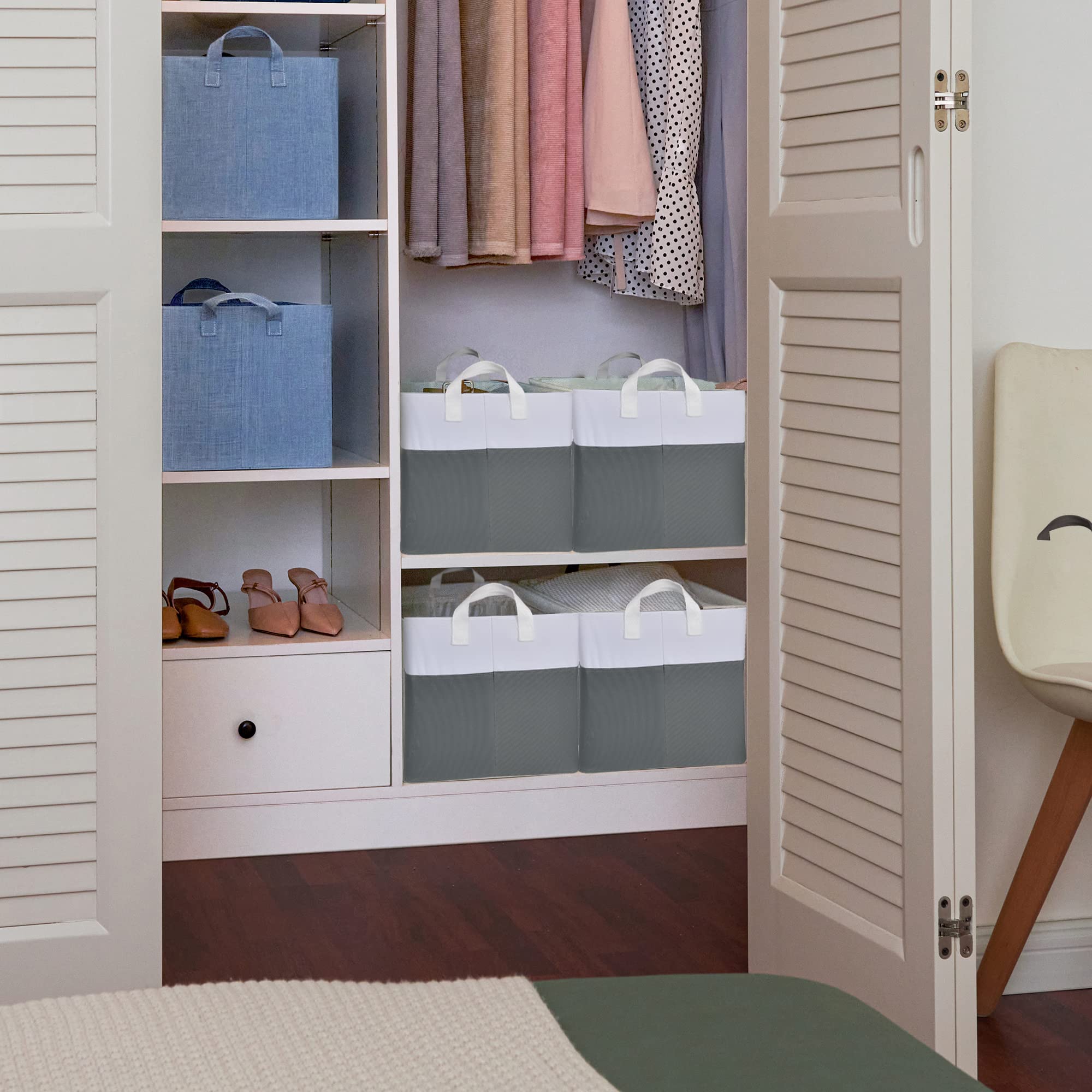 GRANNY SAYS Storage Bins for Shelves, Linen Closet Organizers and Storage Baskets Extra Large, Shelf Baskets with Metal Frame, Storage Boxes for Bedroom Wardrobe, White/Gray, 2-Pack