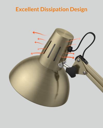 LEPOWER Metal Desk Lamp, Adjustable Goose Neck Architect Table Lamp with On/Off Switch, Swing Arm Desk Lamp with Clamp, Eye-Caring Reading Lamp for Bedroom, Study Room &Office (Brass)