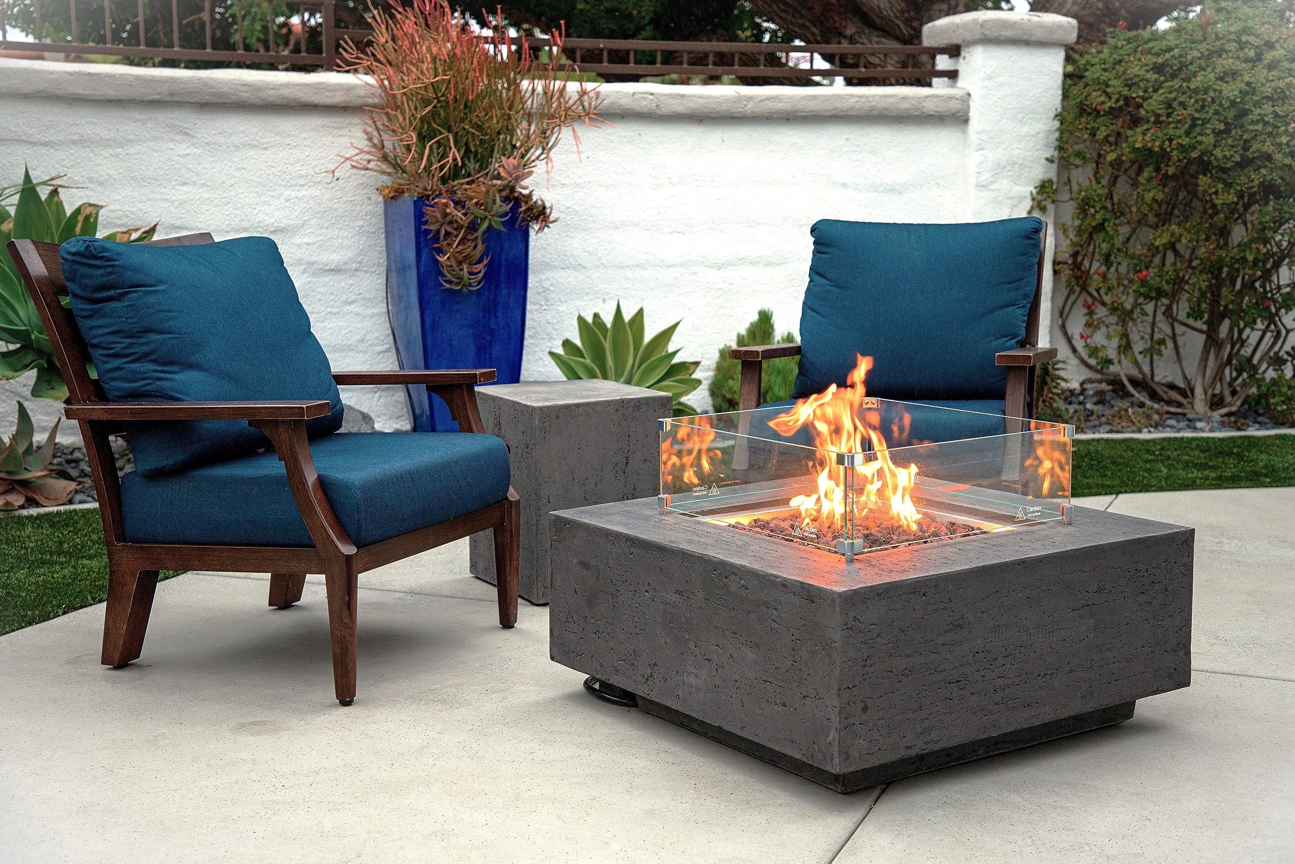 AMS Creations | Albany Square Natural Gas Outdoor Fire Pit Table | Concrete GFRC Fire Pit Table | with SS Burner, Canvas Cover, SS Lid, Lava Rock, and Wind Guard Included (Fuel Type: Natural Gas)