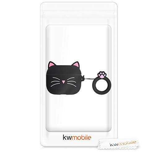 kwmobile Silicone Case Compatible with Apple AirPods Pro - Case Soft Cover - Cat Black/White