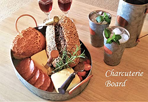 Galrose Rustic Galvanized Metal Serving Tray – Rose Gold Handles for Drinks Bar Table Centerpiece Sturdy Oval Decorative Serving Tray Platter. 6th Iron Anniversary Housewarming or Retirement Gift