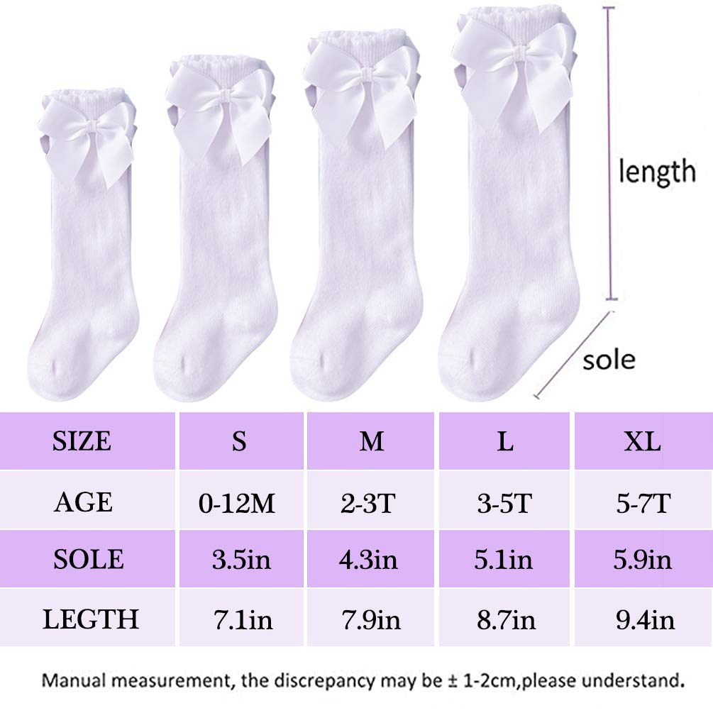 Maorrew 2 Pack Baby Girls Knee High Socks Bow Long Stockings Infants Toddlers Cotton Ruffled Uniform Leggings White 2 Pack 3-5T