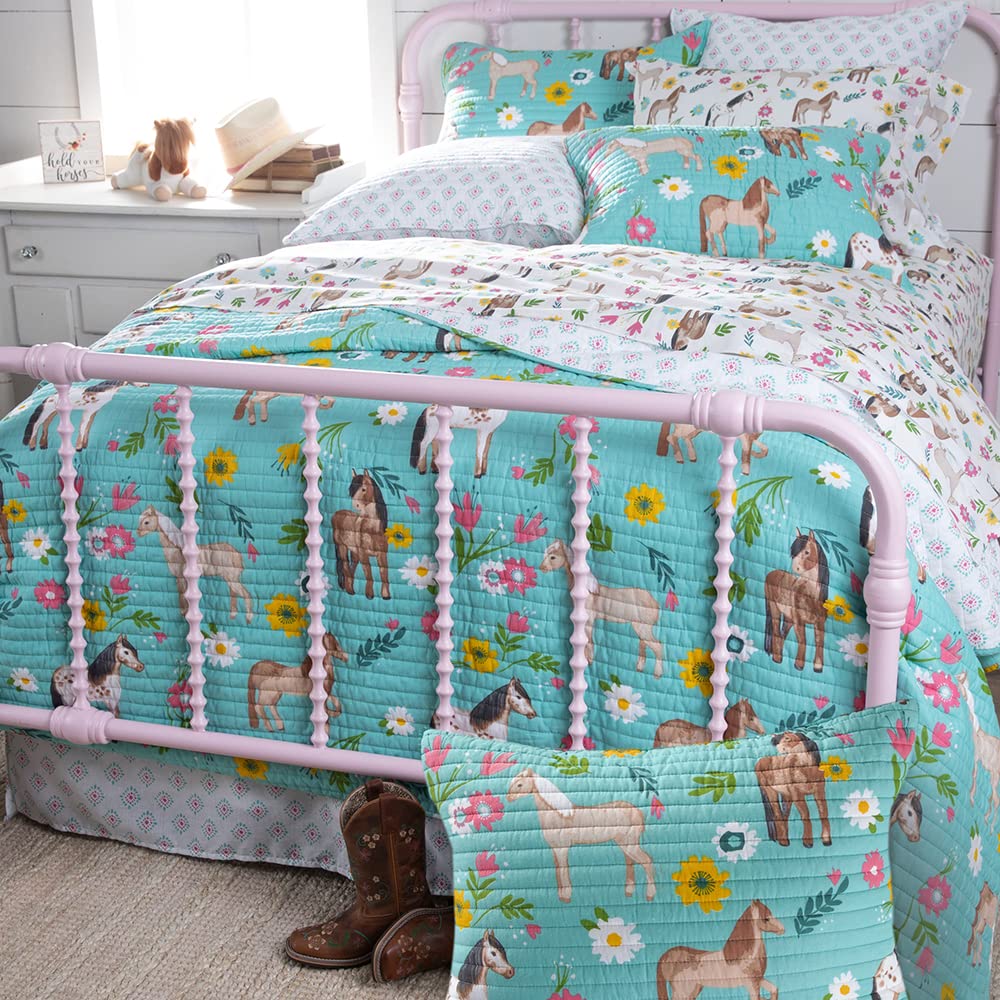 Rod's - Daisy Pony (Sheet Set) - 4-Piece Queen Sheet Set - Floral Pony - Pink Yellow Turquoise - Top Sheet(92x102in.) - Fitted Sheet (60x80x15in) - Two Standard Pillow Cases (20x30in) - Cotton