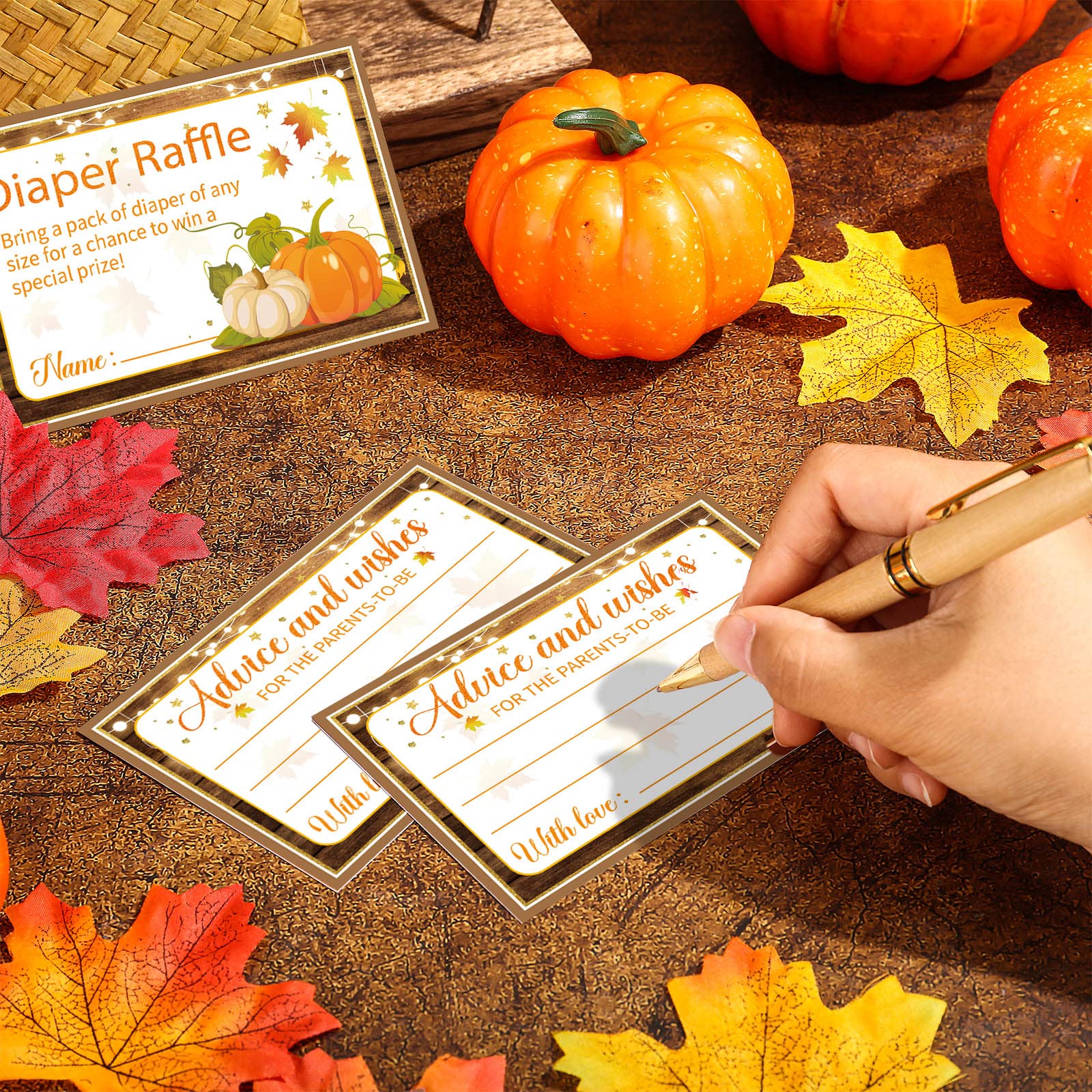 51 Pieces Fall Pumpkin Diaper Raffle Tickets with Diaper Raffle Card Box, Diaper Raffle Sign Advice and Wishes Diaper Party Raffle Insert Cards Baby Shower Decoration Neutral for Thanksgiving Game Kit