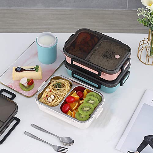 LANSKYWARE 2 Compartments Bento Lunch box with Insulated Lunch Bag and Portable Utensils, Stainless Steel Food Lunch Containers for Adults Men Women