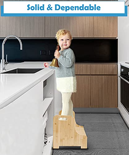 Garbuildman 2 Step Stool for Kids, Bamboo Toddler Stepping Stool with Handles for Children, Detachable Small Bathroom Toilet Potty Training & Kitchen Kid’s Learning Step Stool