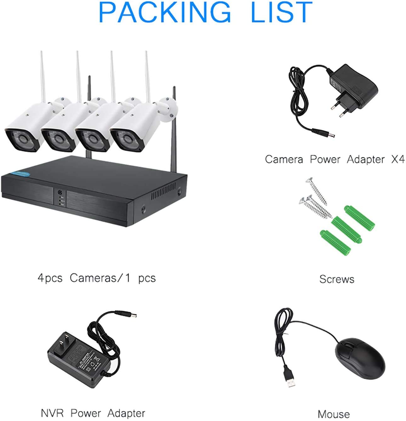 Eversecu 4CH Smart Wireless Security Camera System 4pcs 2K 3MP Outdoor Cameras & DVR Kit Support Face Capture/Record&Playback, Line Crossing/Intrusion Detection, Smartphone PC Remote View