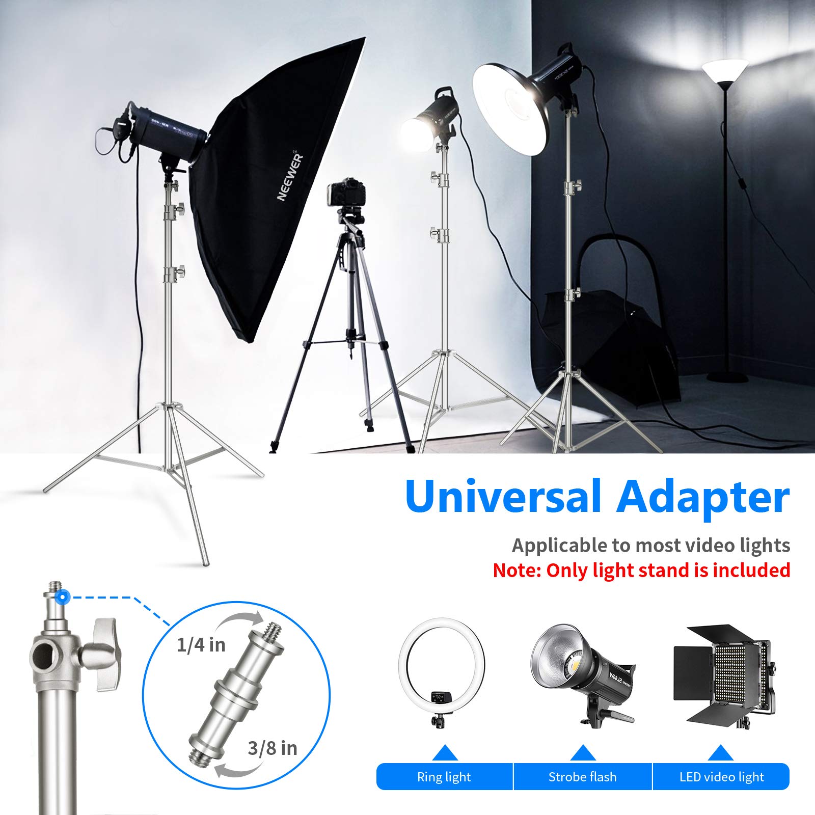 Neewer 118"/3m Stainless Steel Light Stand, Spring Cushioned Heavy Duty Photography Tripod Stand with 1/4” to 3/8” Universal Screw Adapter for Strobe, LED Video Light, Ring Light, Monolight, Softbox
