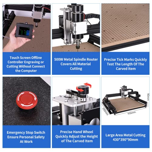 500W CNC Router Machine, 4540 CNC Router Machine with 500W Spindle 3-Axis Desktop CNC Machine for Woodworking Metal Acrylic MDF Nylon Carving Cutting Engraving Mill(Working Area430x390x22mm)