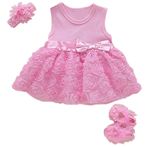 Niyage Baby Girls Clothes Dress Headband Shoes 3 Pcs Set Flowers Party Outfit Floral Dress-Pink 0-3 Months