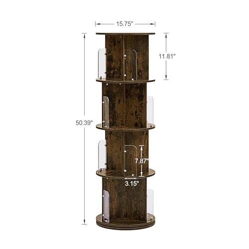 VECELO 4 Tier Revolving Bookshelf Tower, 360° Display Floor Standing Storage Rack with Acrylic Visible Window Partition for Bedroom, Living Room Home and Office, Brown