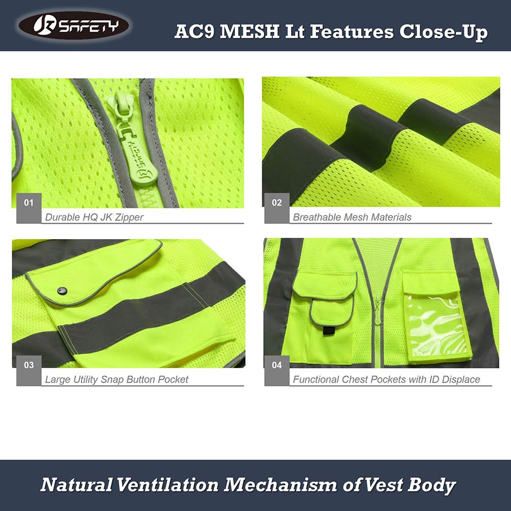 JKSafety 9 Pockets Class 2 High Visibility Zipper Front FAA Drone Pilot Safety Vest With Reflective Strips,HQ Breathable Mesh,Meets ANSI/ISEA Standards(210-Drone-Yellow XL)
