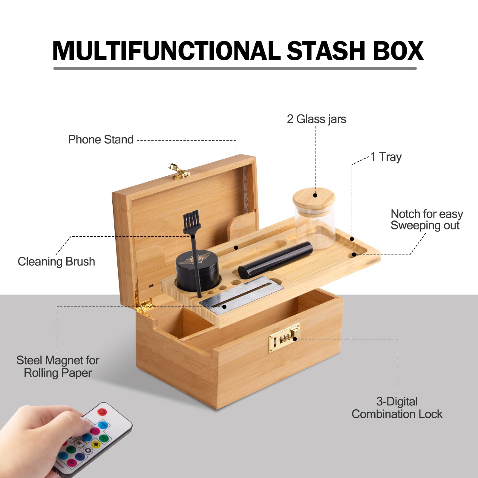 IEVEY Stash Box with Rolling Tray & Neon, Smell Proof Large Bamboo Storage Box with Lock, Decorative Box Set Includes Glass Jars & Grinder & Brush, Great Gift for Men Women(Bamboo)
