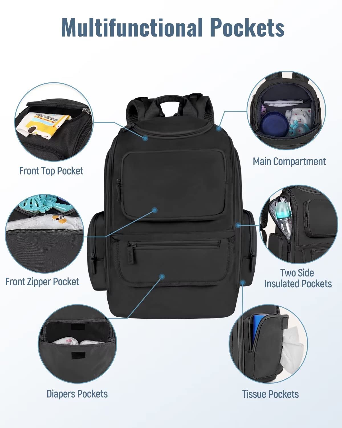Mancro Diaper Bag Backpack, Multifunctional Dad Diaper Bag with 2 Side Insulated Pockets, Travel Water Resistant Baby Diaper Backpack for Men Women with Stroller Straps, Black
