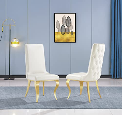AZhome Dining Chairs, White Faux Leather Upholstered Dining Room Chairs in Button-Tufted Back, Dining Chairs with Gold Legs for Kitchen Dining Room, Set of 2