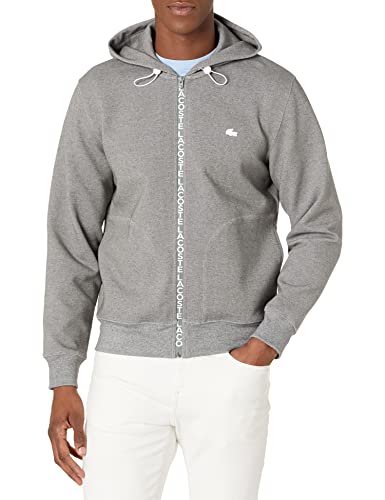 Lacoste Men's Long Sleeve Zipper Taping Hooded Sweatshirt, Heather Lead, 3XL