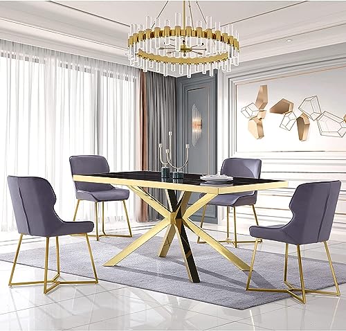 AZhome Modern Dining Room Table with Gold Stainless Steel Metal X-Base in Black Gold