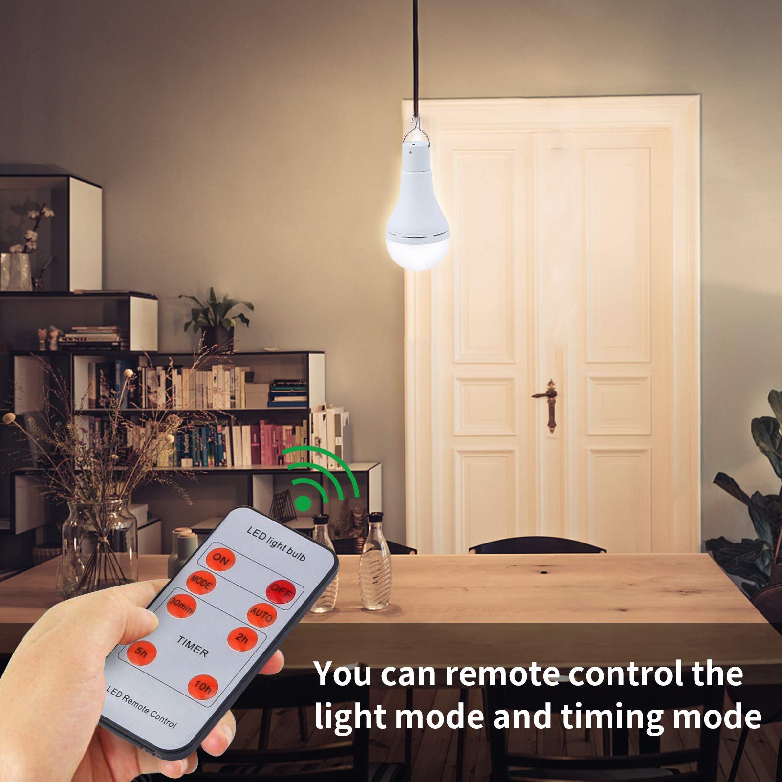 Afoskce Solar Light Bulb Outdoor Rechargeable 300LM Solar Powered Light Led Bulb with Remote Timer, Lighting Sensor, 4 Lighting Mode for Chicken Coops Shed Hiking Camping Hurricane Emergency Lighting