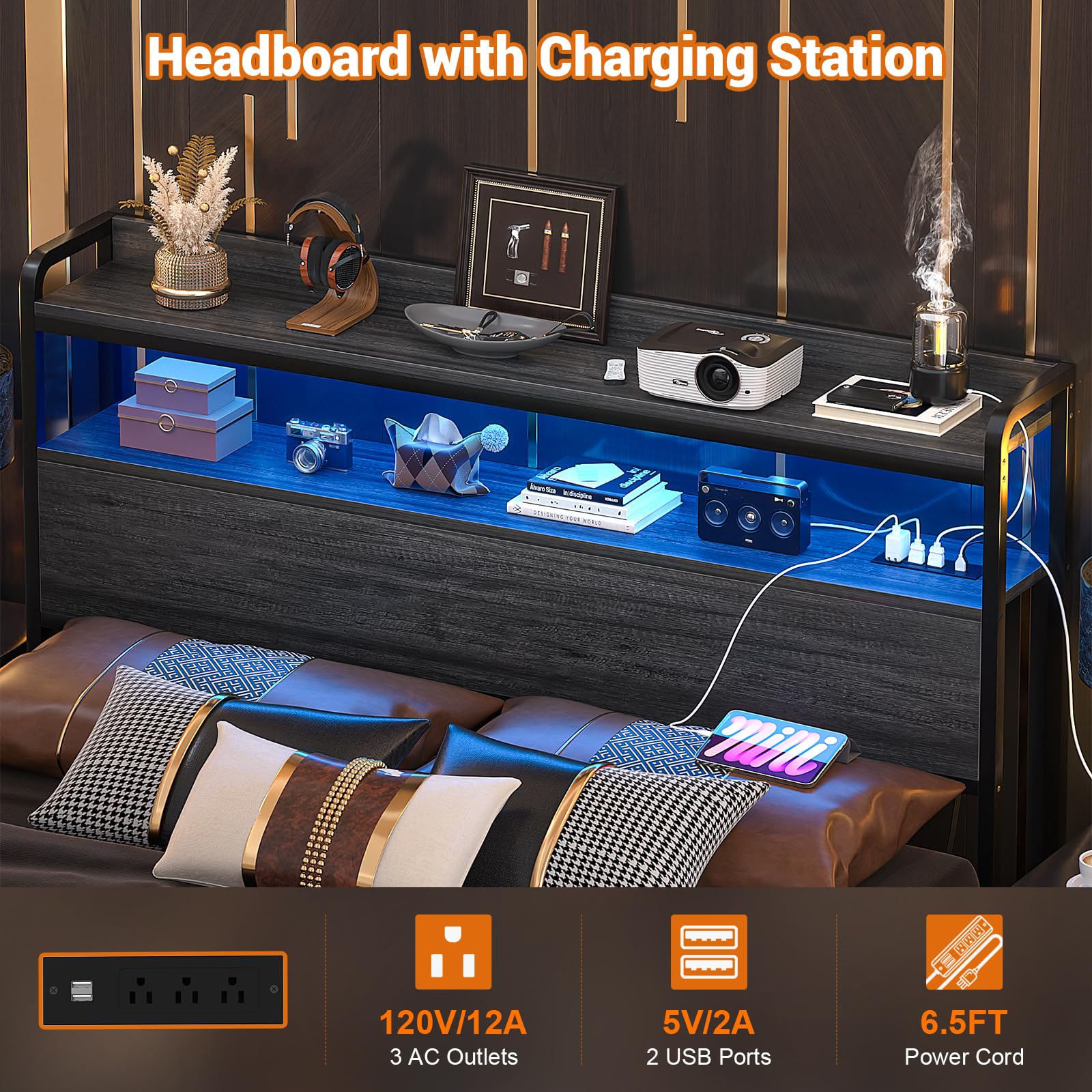 Aheaplus Headboard for Full Size Bed Frame, Headboards with Outlets, USB Ports and LED Light, Head Board with Storage, Height Adjustable, Sturdy and Stable Headboard, Full Size, Black Oak