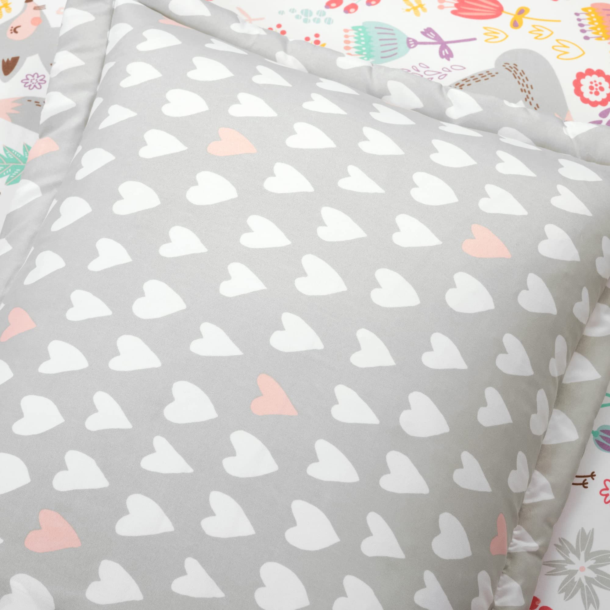 Lush Decor Pixie Fox Reversible Comforter Set, 5 Piece Set, Twin XL, Pink & Gray - Kids Bedding with Sheet Set - Comforter Set for Girls - Toddler Bedding - Floral & Hearts - Woodland Bedroom Decor