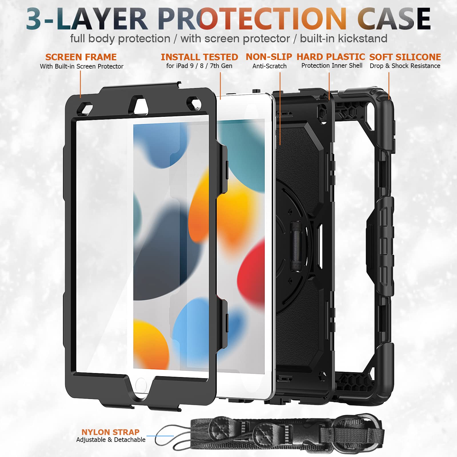 Sibeitu iPad 9th Generation Case 2021 10.2 Inch with Screen Protector & Kickstand, Protective iPad 7th 8th Gen Shockproof Case 2019 2020 Cover with Hand Shoulder Strap, Heavy Duty & Rugged, Black