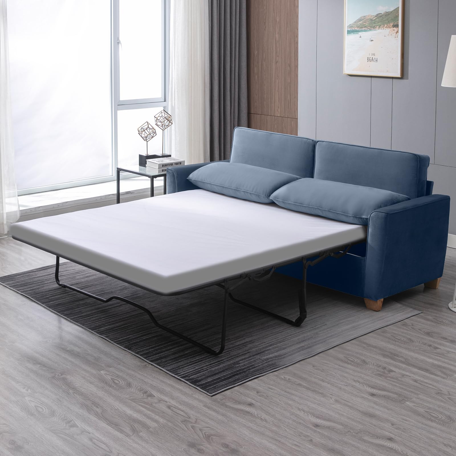 PUREMIND 70" Folding Sofa Bed with Comfortable Mattress, Convertible Sleeper Sofa Pull Out Couch for Living Room, Velvet Upholstery, Easy Assembly, Ideal for Small Spaces, Full Size, Blue