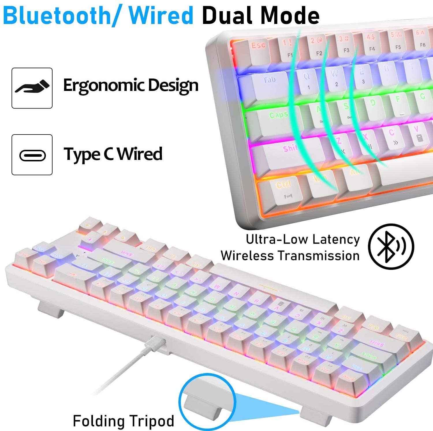 Wireless Mechanical Gaming Keyboard,60% Ultra-Compact Blue Backlit Rechargeable Bluetooth Dual Wired/Wireless Blue Switches Computer Keyboard for Multi-Device Phone Android Mobile(White Rainbow)