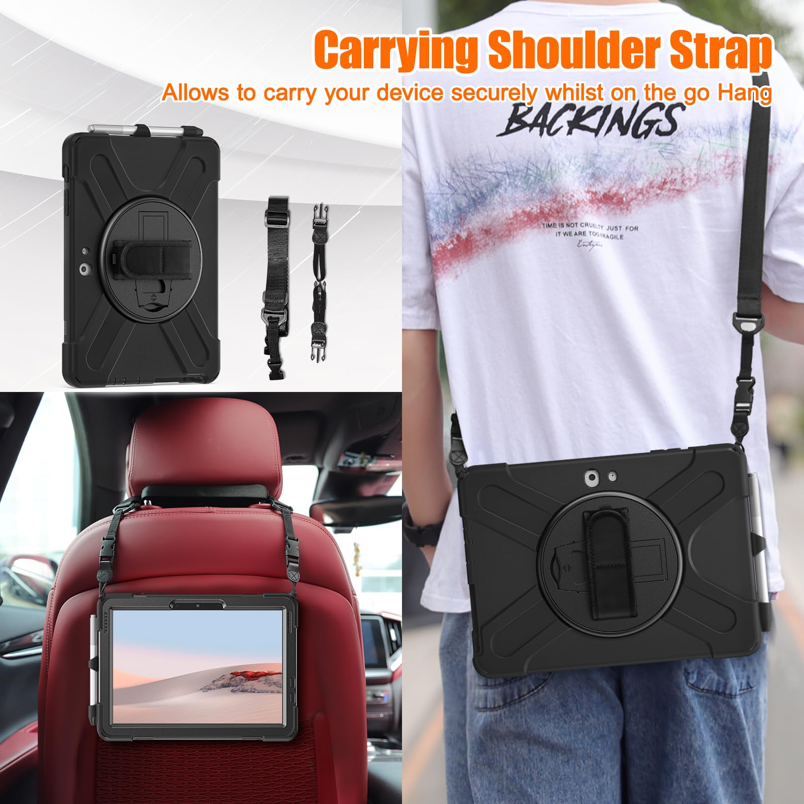 ZenRich Rugged Case for Surface Go 4 (2023)/Surface Go 3 (2021)/ Surface Go 2 (2020), Surface Go (2018) with Pen Holder Heavy Duty Shockproof Case with Stand Hand Strap and Shoulder Belt-Black