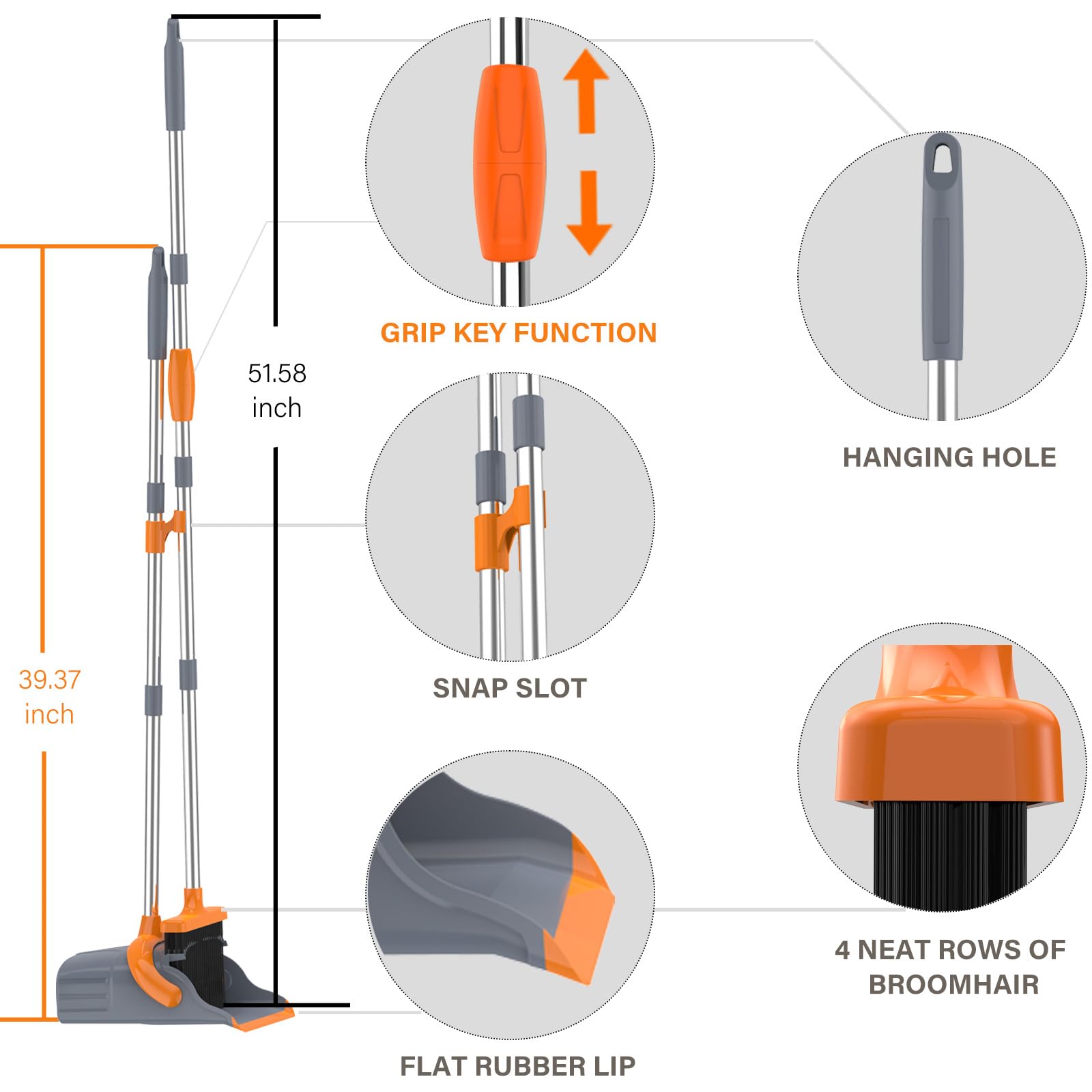 AXFRVEWA Broom and Dustpan Set with 52" Long Handle Broom with Dustpan Combo Set, Self-Cleaning Teeth & Standing Dust Pan and Broom for Home Office Kitchen Lobby Floor Use-Gray&Orange