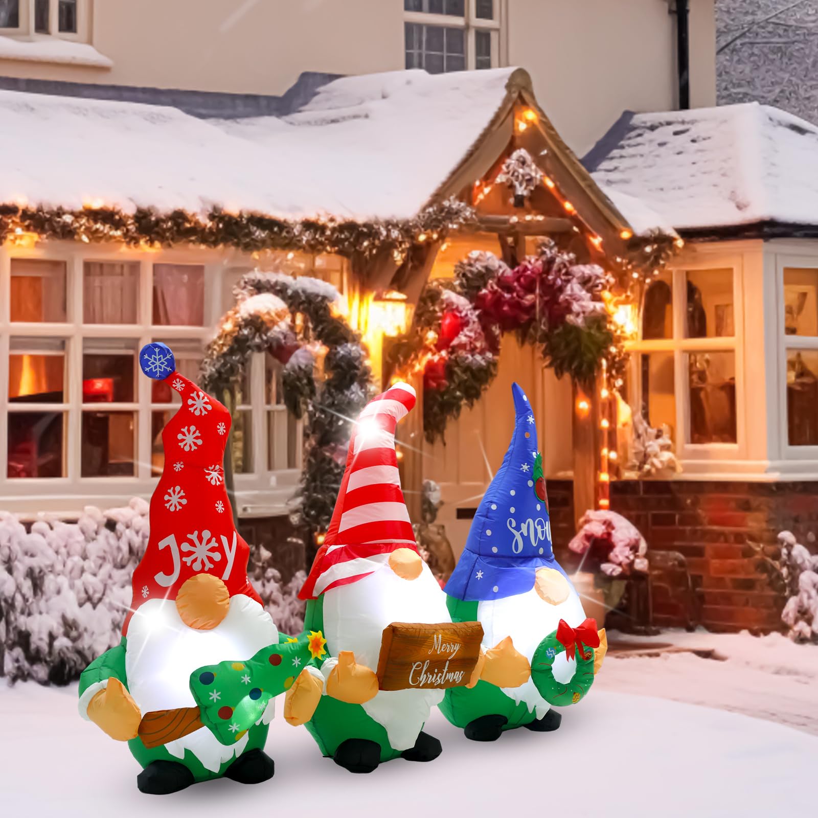 7 ft Long Merry Christmas Inflatables Lighted Novelty Gnome Inflatable Christmas Outdoor Decorations Christmas Blow up Yard Decorations Built in LED Light for Xmas Winter Holiday Party