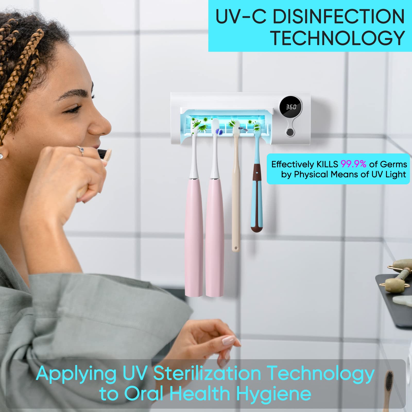 StarWin UV Toothbrush Cleaner, Timer Function, Rechargeable Tooth Brush Holder Wall-Mounted for Bathroom, No Drilling, 4 Slots