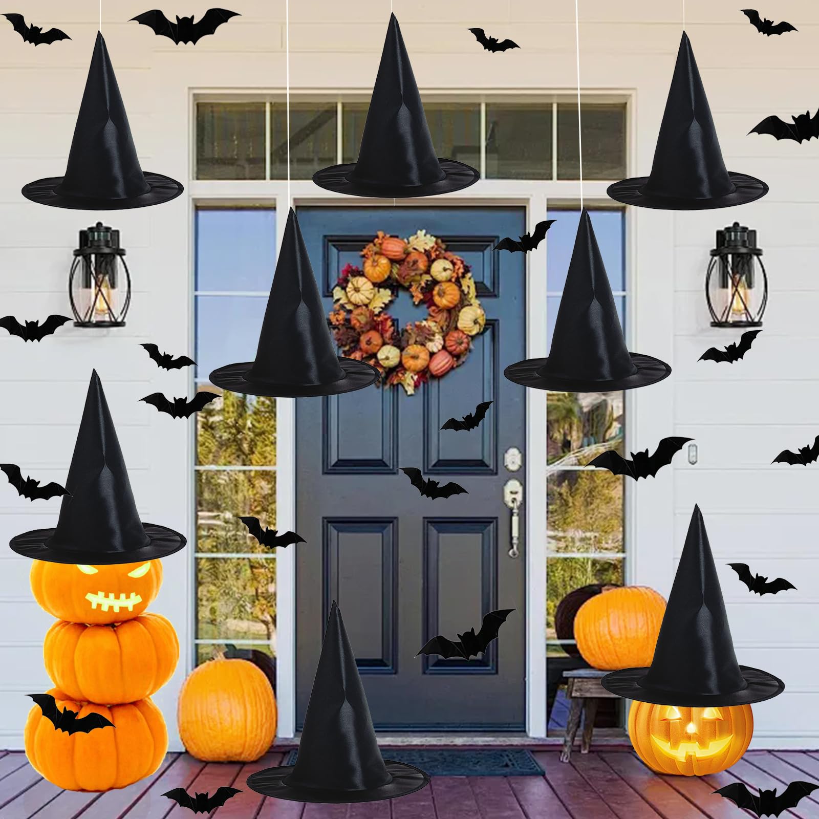 Halloween Decorations Witch Hat Witches Hat - 8PCS Black Hanging Witch Hats & 32PCS 3D Bats, Halloween Decor Halloween Party Decoration Witch Costume Accessory for Halloween Indoor Outdoor Decor